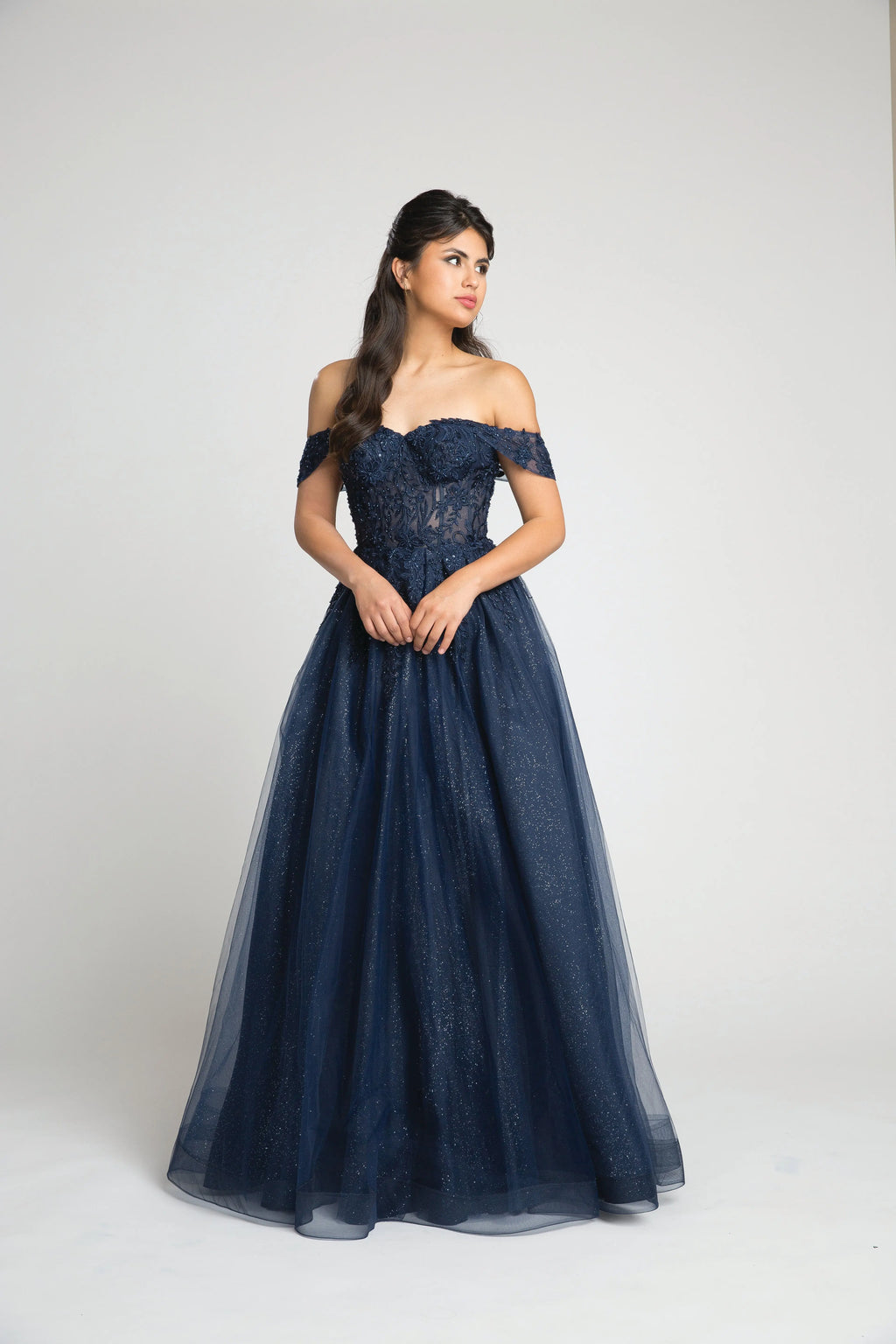 Fiesta 10304 Off Shoulder Shimmering Lace Embroidered Dress | NORMA REED